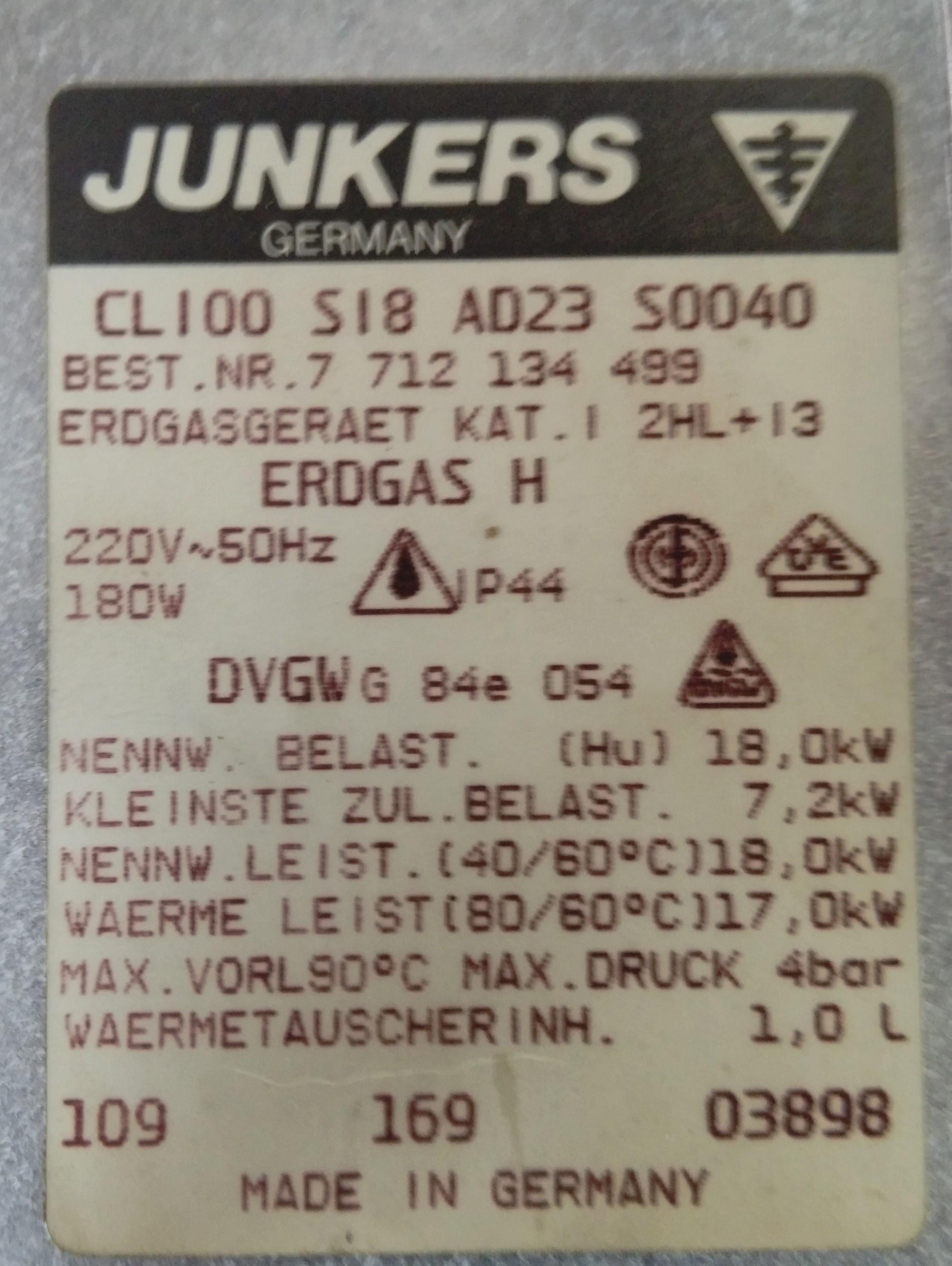 Junkers Gastherme Typenschild