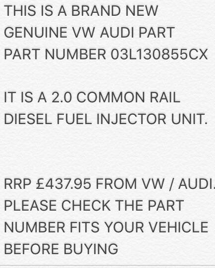 VOLKSWAGEN VW AUDI SEAT INJECTOR 03L130855CX in B28 Birmingham für £ ...