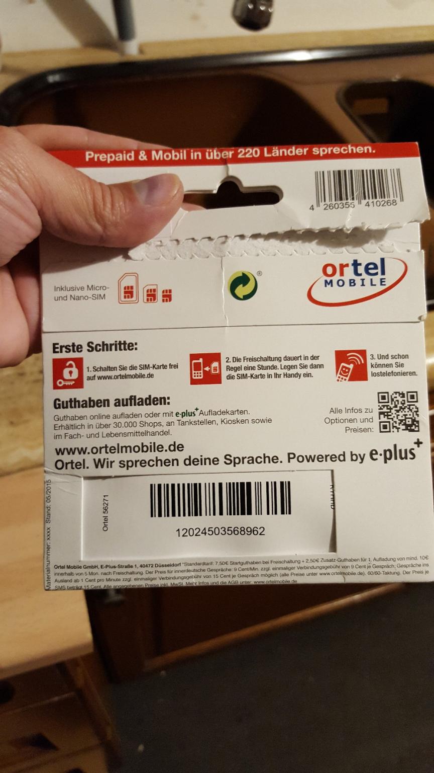 Prepaid sim Ortel Neu mit 7.50€ Guthaben 4€ in 91207 Lauf an der ...