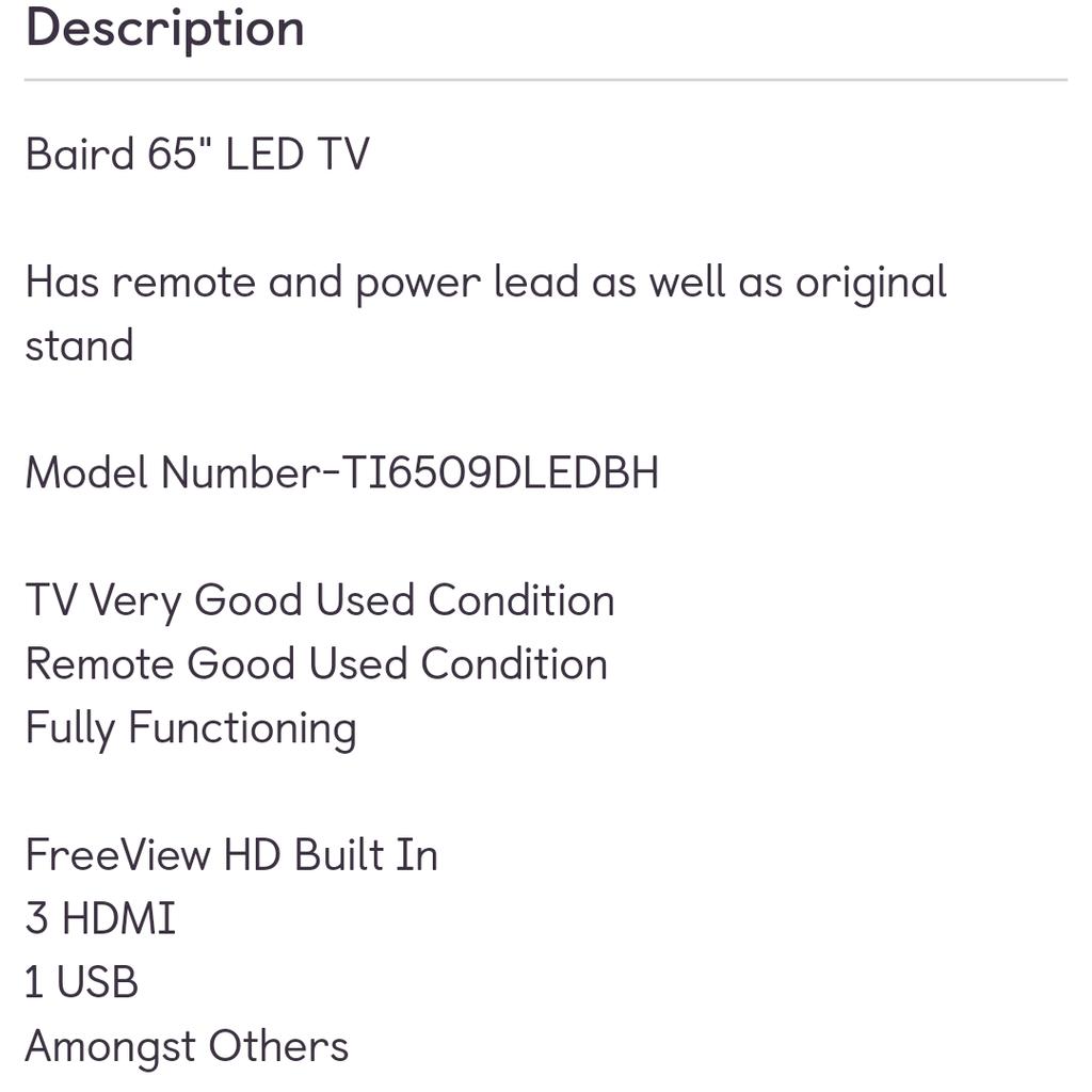 (OFFERS) baird 65 inch tv for sale in PR2 Preston for £300.00 for sale ...