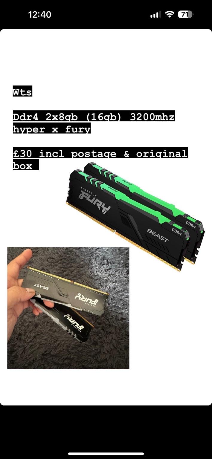 Ddr4 2x8 16gb 3200mhz hyper x fury beast ram in CM2 Chelmsford für £ 30 ...