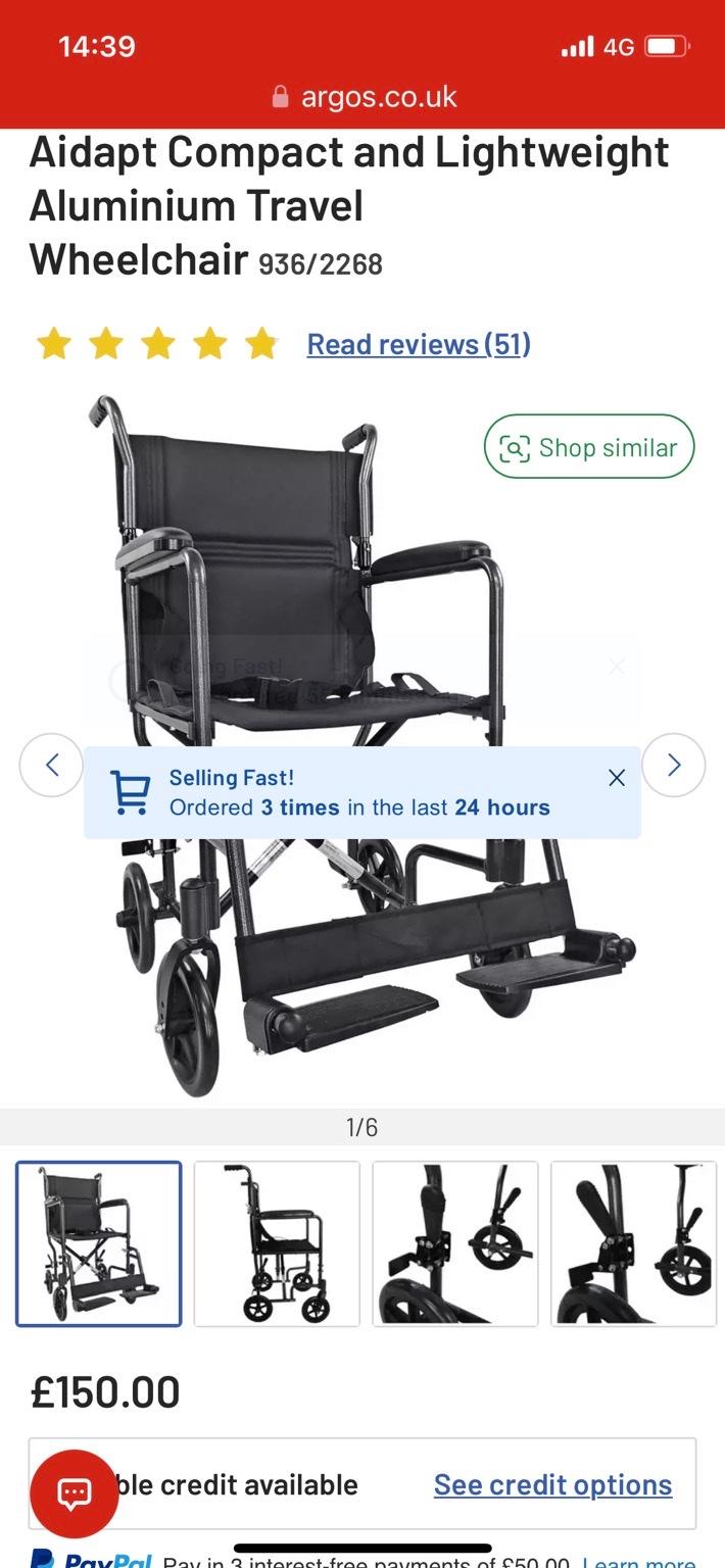 Lightweight Aidapt Wheelchair in B62 Dudley for £50.00 for sale | Shpock